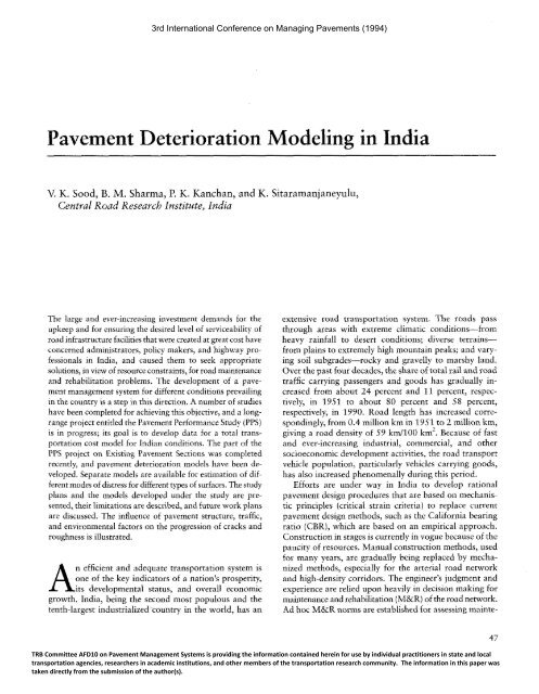 Pavement Deterioration Modeling in India - Transportation Research ...