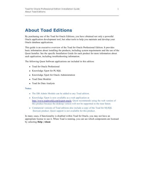 Toad for Oracle Professional Edition Installation ... - Quest Software