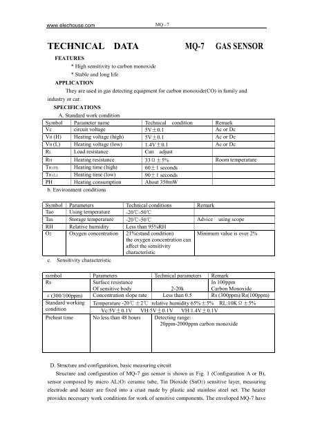 TECHNICAL DATA MQ-7 GAS SENSOR - Elechouse