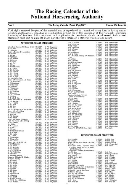 The Racing Calendar of the National Horseracing Authority