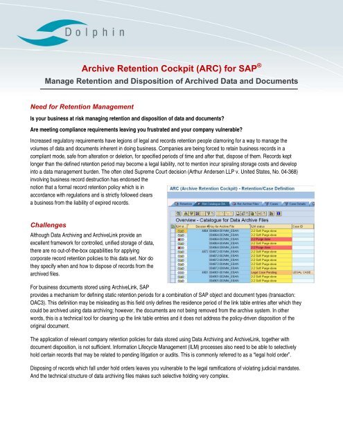 Archive Retention Cockpit (ARC) for SAP - Dolphin