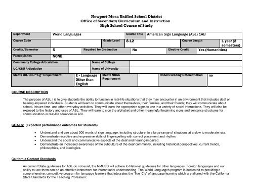 American Sign Language - Newport Mesa Unified School District