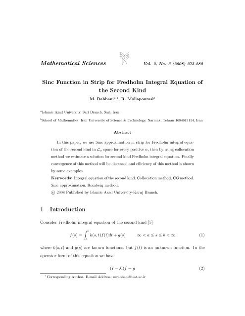 Sinc Function in Strip for Fredholm Integral Equation of the Second ...