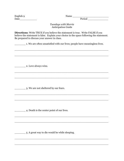 Tuesdays with Morrie Anticipation Guide Directions