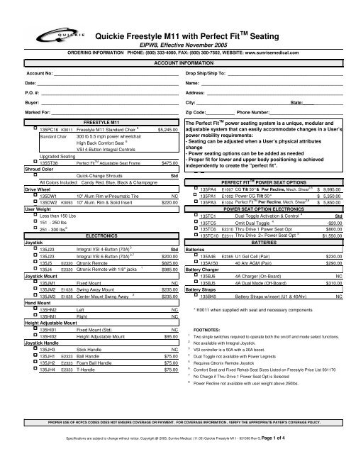 Quickie Freestyle M11 Perfect Fit Order Form - Sunrise Medical