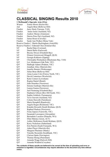 Classical Singing 2010 - Sydney Eisteddfod