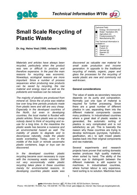 Small Scale Recycling of Plastic Waste - GATE International