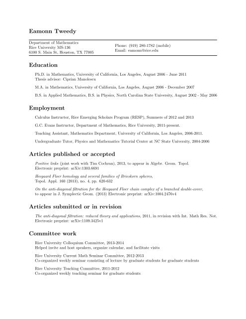 Eamonn Tweedy : Curriculum Vitae - Rice University