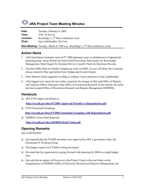 eRA Project Team Meeting Minutes Action Items Handouts Opening ...