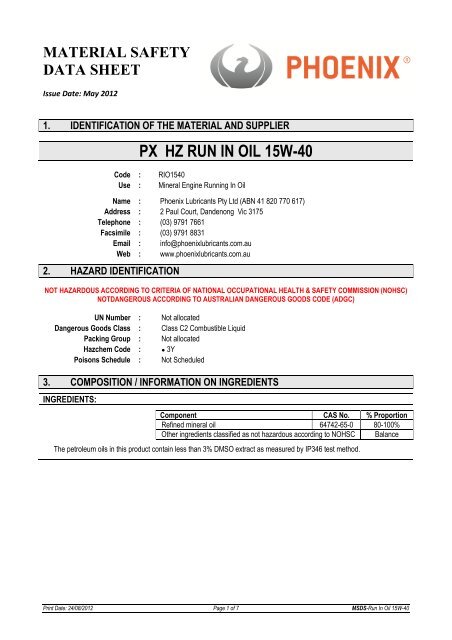 material safety data sheet - Phoenix Lubricants