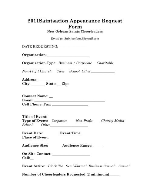 2009 Saintsation Appearance Request Form - Saintsations