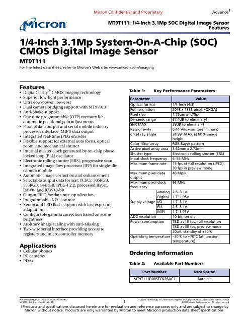 Image sensor 1/4-inch 3.1Mp SOC component data sheet