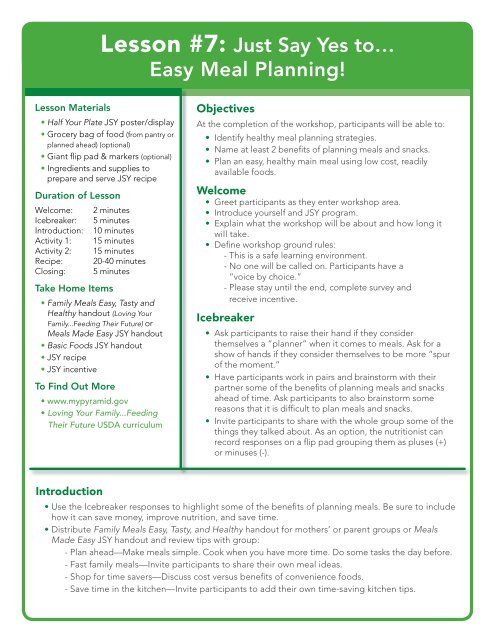 Meal Planning Lesson Plan - Just Say Yes to Fruits and Vegetables