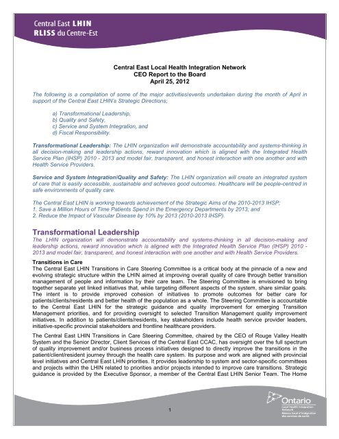 CEO Report - Central East Local Health Integration Network