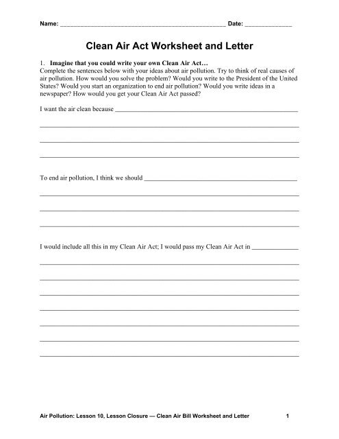 Clean Air Act Worksheet and Letter - Teach Engineering