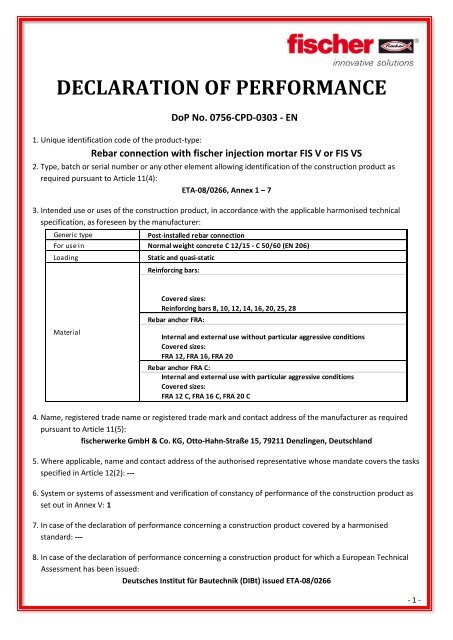 Declaration of Performance DoP No. 0756-CPD-0303 - Fischer Italia