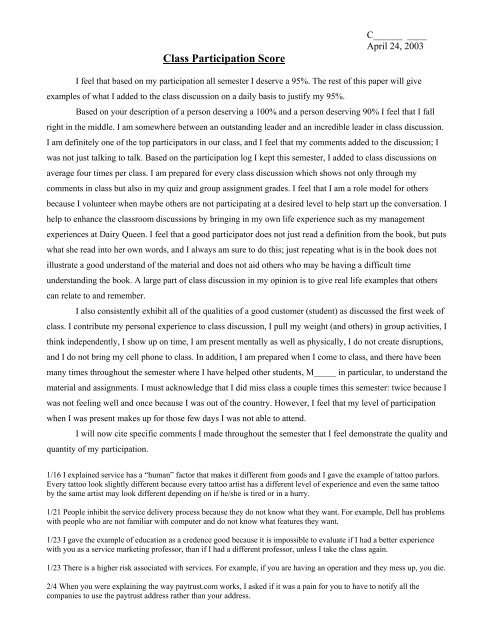 Example (Old) Class Participation Paper - Gremler.net