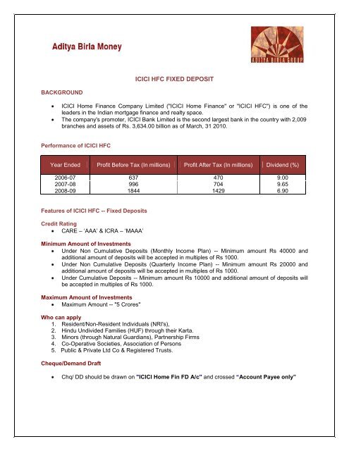 ICICI HFC FIXED DEPOSIT - Aditya Birla Money