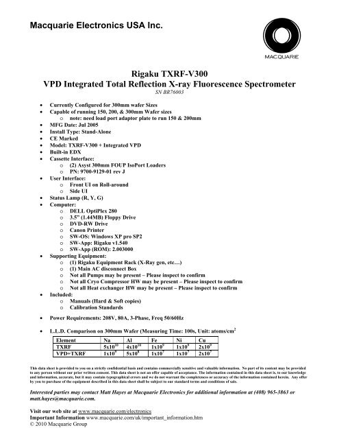 Macquarie Electronics USA Inc. Rigaku TXRF-V300 VPD Integrated ...