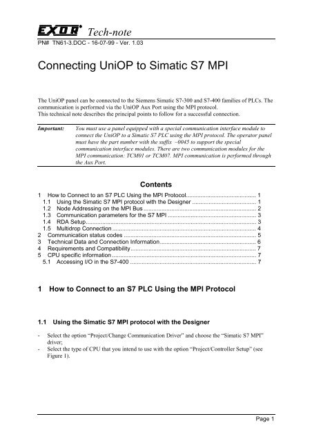 Connecting UniOP to Simatic S7 MPI