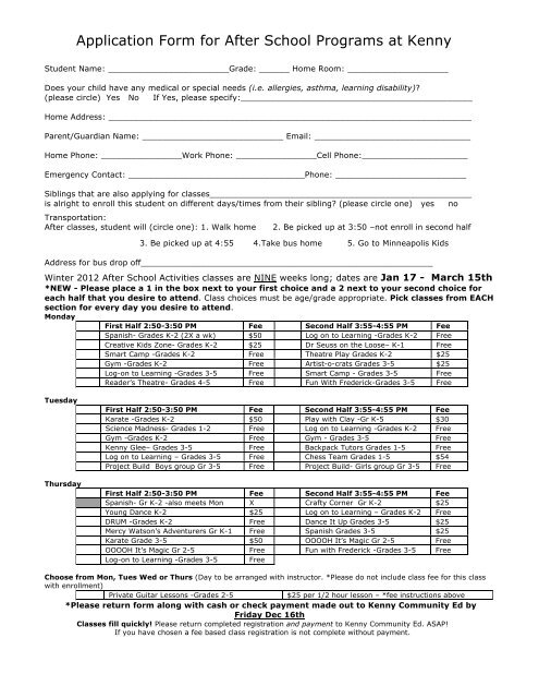 Application Form for After School Programs at Kenny - Kenny School!