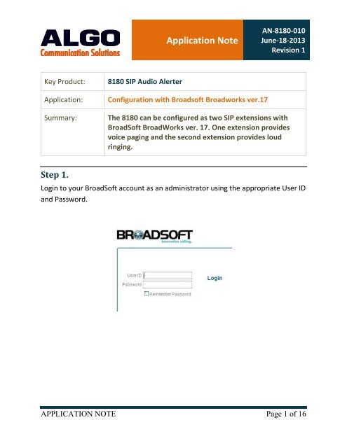Application Note - Algo Communication Products
