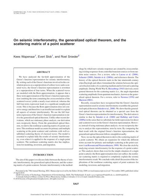 On Seismic Interferometry The Generalized Optical Theorem Tu Delft