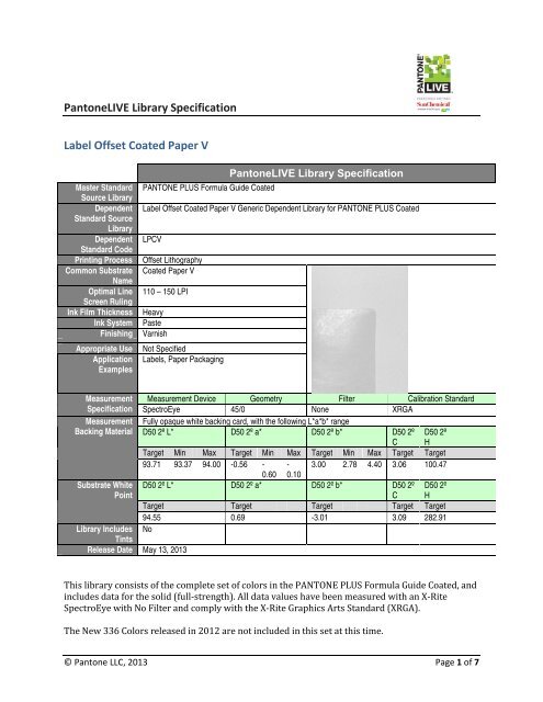 PantoneLIVE Label; Offset Coated Paper V - X-Rite