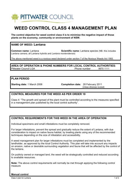 Weed control class 4 plan - Pittwater Council