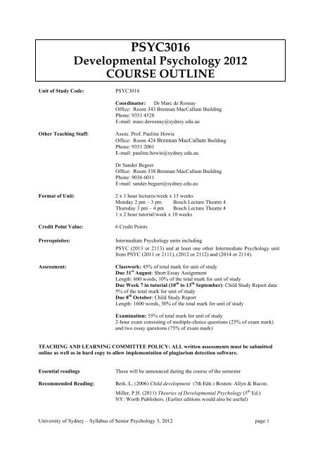 PSYC3016 Developmental Psychology 2012 COURSE OUTLINE