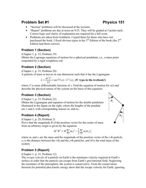 Problem Set #1 Physics 151