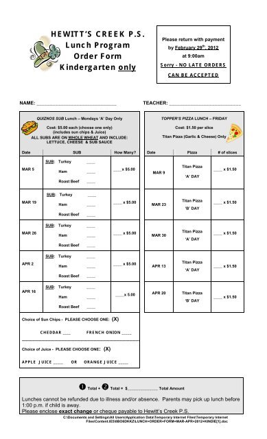 HEWITT'S CREEK P.S. Lunch Program Order Form Kindergarten only