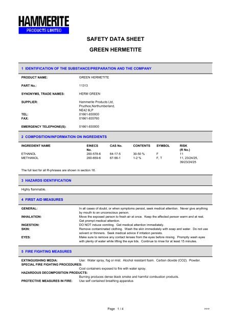 SDS Manager: GREEN HERMETITE - Darlas