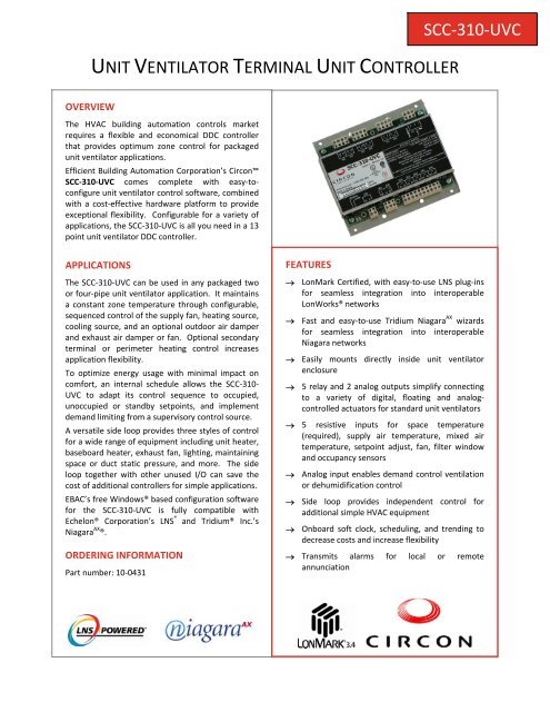 UNIT VENTILATOR TERMINAL UNIT CONTROLLER SCC-310-UVC