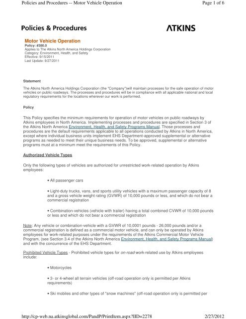 Motor Vehicle Operations Policy