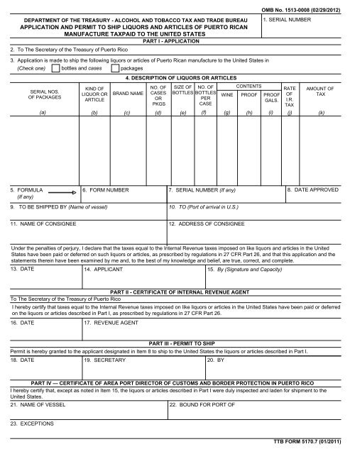application and permit to ship liquors and articles of puerto ... - TTB