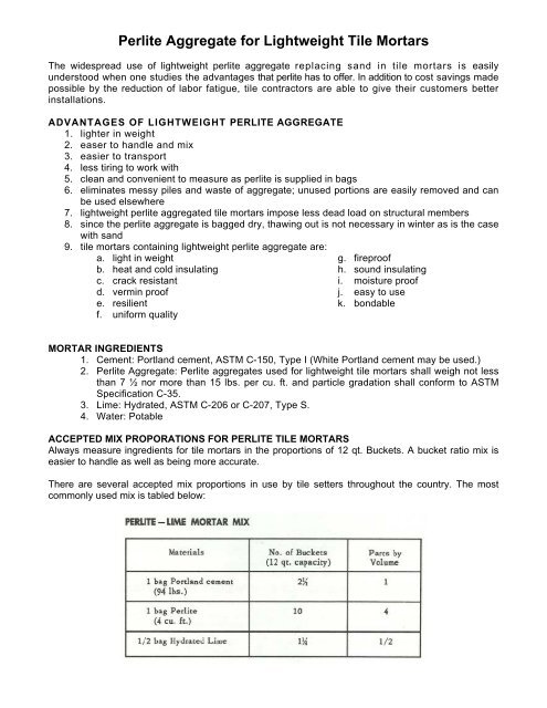 Perlite Aggregate for Lightweight Tile Mortars - Perlite Institute