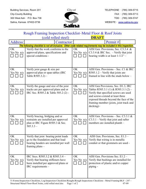 Rough Framing Inspection Checklistâ Metal Floor & Roof Joists (cold ...