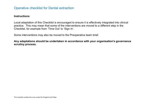 Operative checklist for Dental extraction