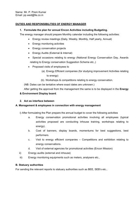 DUTIES AND RESPONSIBILITIES OF ENERGY MANAGER