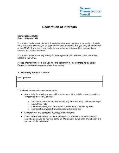 Bernard Kelly Declaration Of Interest Form