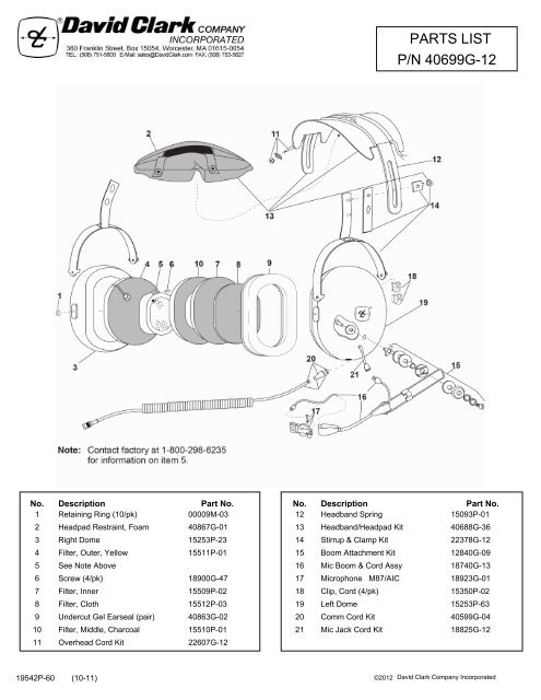 P/N 40699G-12 PARTS LIST - David Clark Company Incorporated