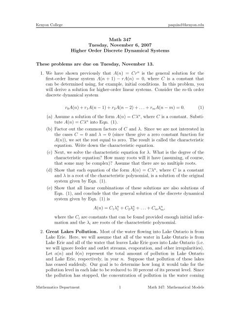 Higher order discrete dynamical systems - Kenyon College