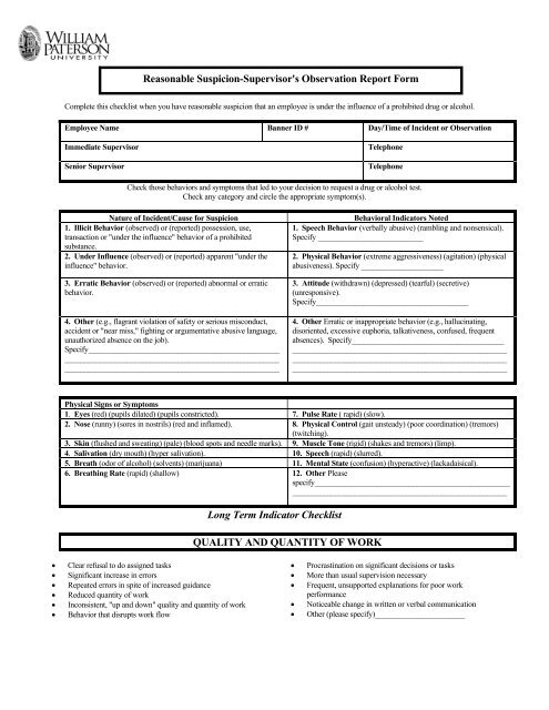 Reasonable Suspicion-Supervisor's Observation Report Form Long ...