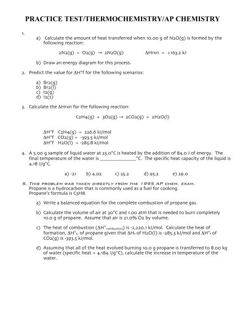 PRACTICE TEST/THERMOCHEMISTRY/AP CHEMISTRY PRACTICE TEST/THERMOCHEMISTRY/AP CHEMISTRY