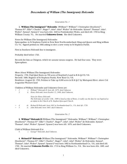 Descendants of William (The Immigrant) Holcombe - Cemetarian