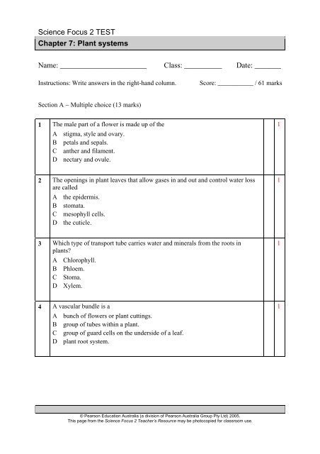 Science Focus 2 TEST Chapter 7 - Pearson Australia Media ...