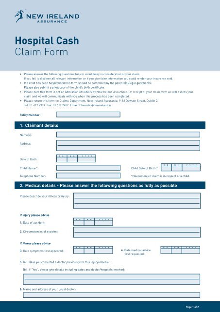 Hospital Cash Claim Form - New Ireland Assurance