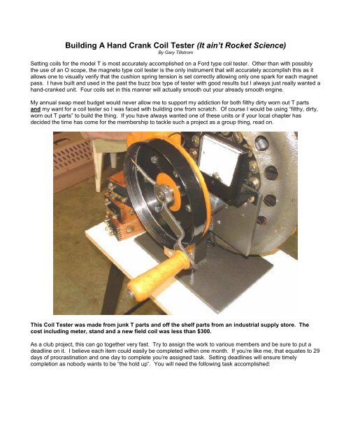 Building A Hand Crank Coil Tester - Model T Ford Club of America