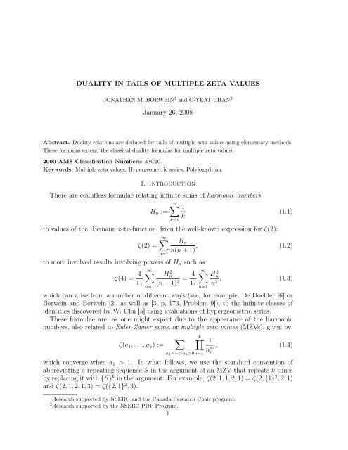 DUALITY IN TAILS OF MULTIPLE ZETA VALUES ... - O-Yeat Chan